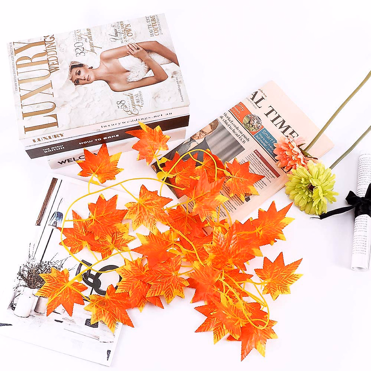 Kalolary 90 Feet 12 Strands Artificial Fall Maple Leaves Garland Autumn Fake Leaf Vine Garland Hanging Plant for Home Garden Easter Thanksgiving Indoor Outdoor Decor