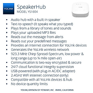 YoLink SpeakerHub & Three Water Leak Sensors Starter Kit – Plays Tones/Sounds, Spoken Messages, LoRa-Powered ¼ Mile Range, App Alert, Emails, SMS/Text, IFTTT