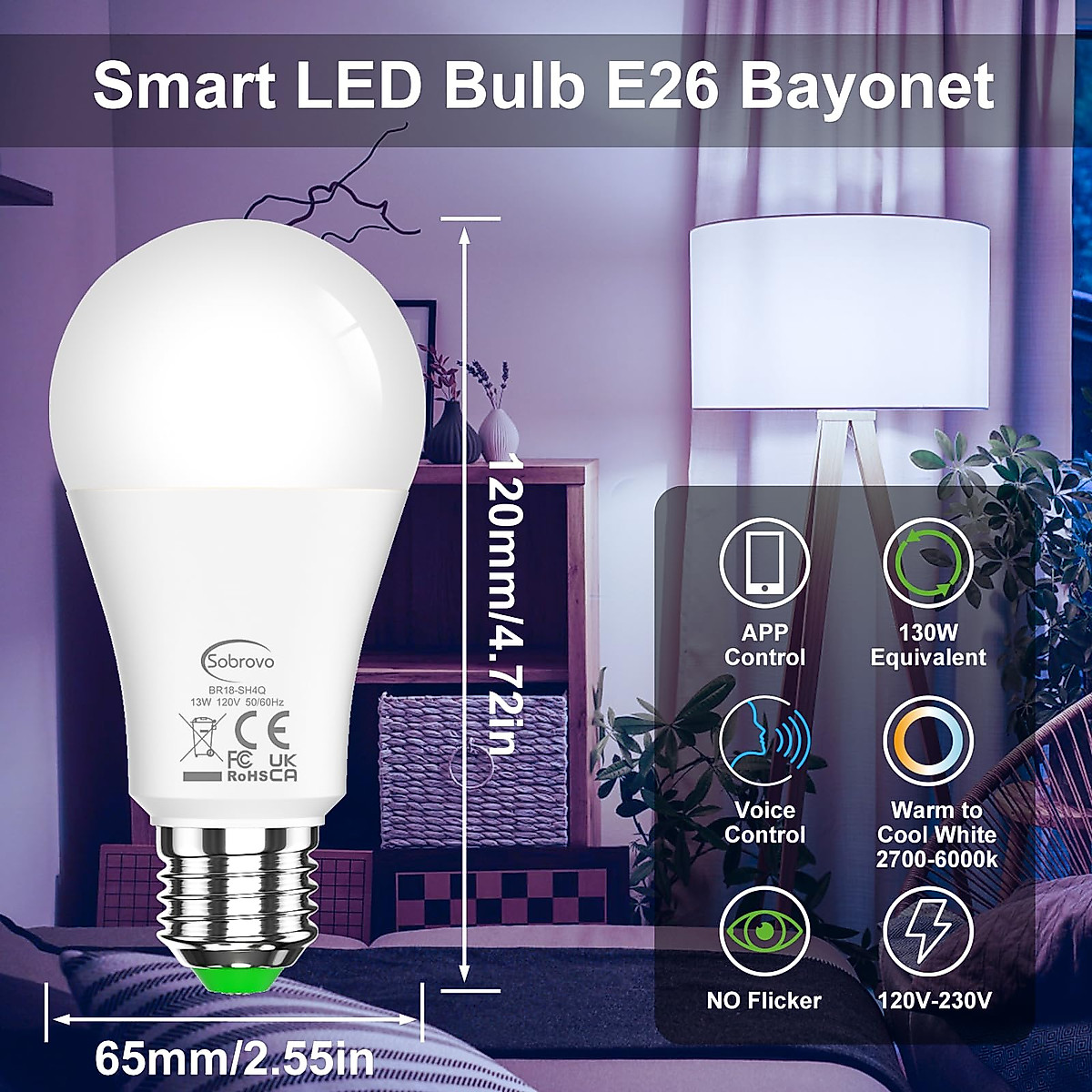 Sobrovo Alexa Led Light Bulbs, A19 E26 Smart Bulb, 130W Equivalent, Warm White to Daylight, 13 Watt Bluetooth Remote Control Light Bulb,Energy Saving,for Kitchen Bedroom Indoor,1 Pack