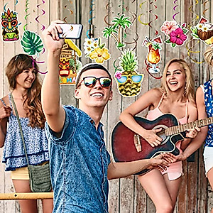 30 Pieces Hawaiian Luau Hanging Swirl Party Decorations Aloha Tropical Foil Plastic Streamer Ceiling Decor Palm Pineapple Flamingo Hibiscus Dangle Sign Summer Beach Pool Party Birthday Tiki Party Supplies