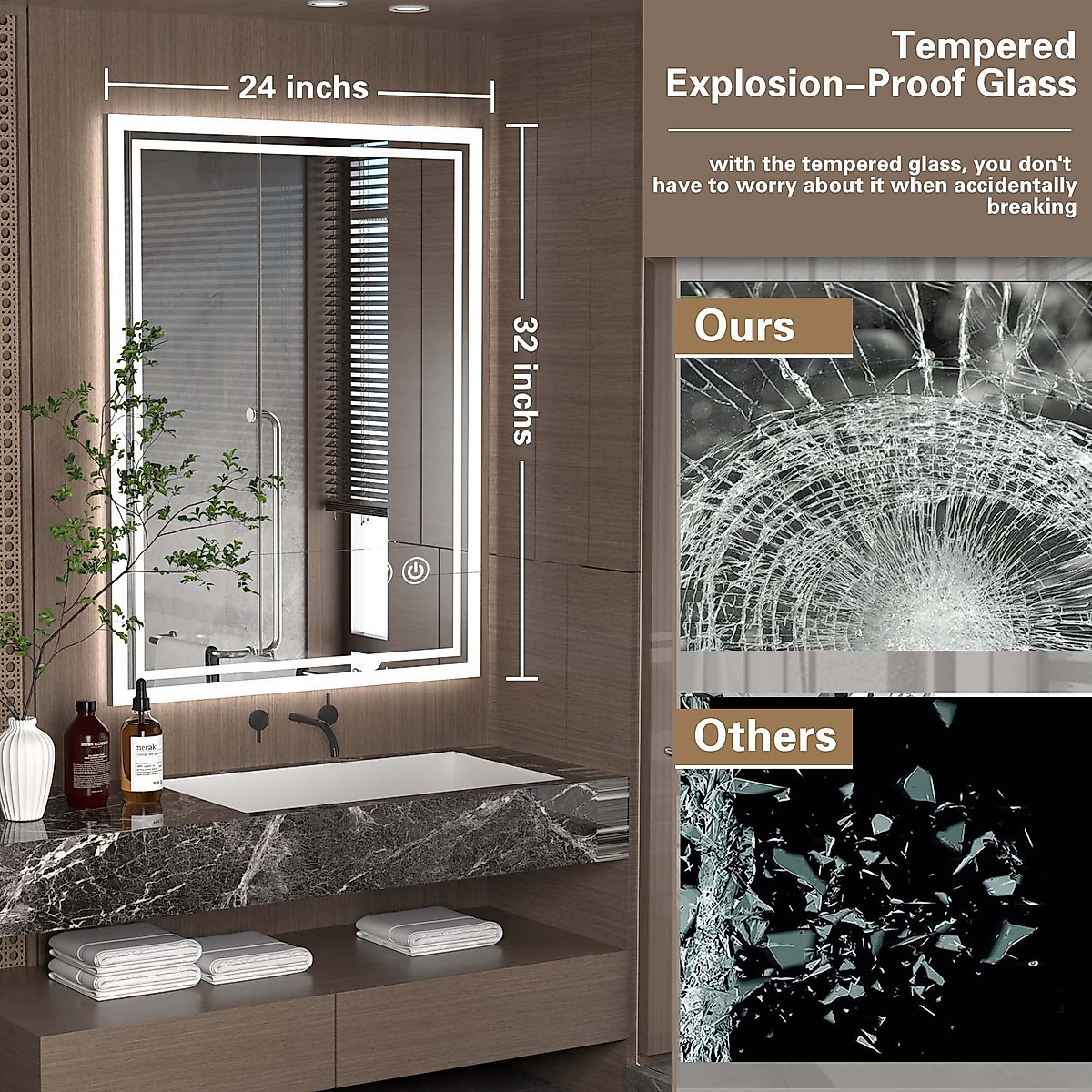 PRIMEPLUS 24x40 inch LED Lighted Bathroom Mirror with Anti-Fog, Wall Mounted Vanity Mirror with Smart Touch Button, Memory Function, Adjustable Warm White/Natural/Daylight Lights(Horizontal/Vertical)