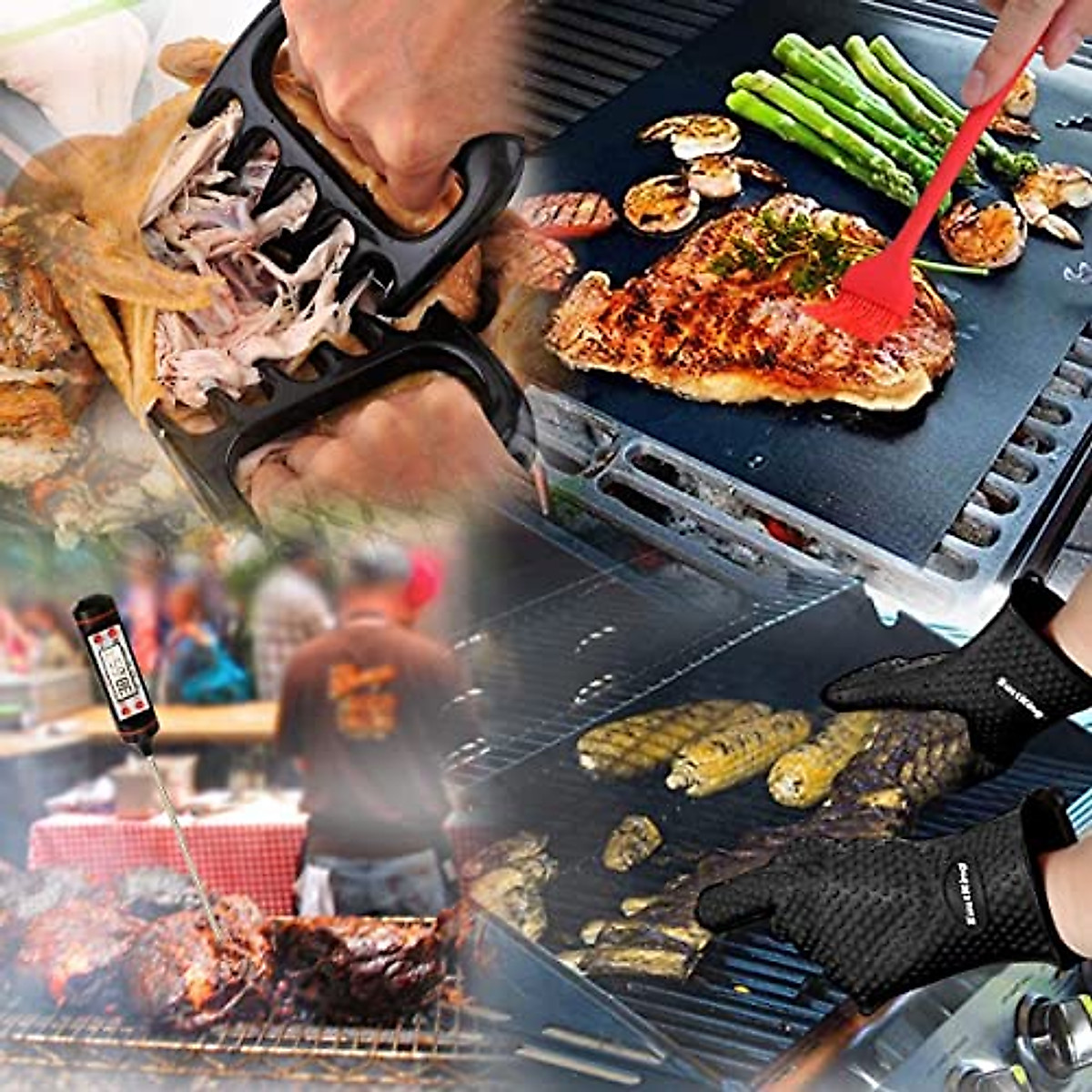 EastKing Smoker Accessories Set-Grilling Oven Gloves,BBQ Claws,Meat Thermometer and Silicone Brush BBQ Set for Cooking Barbecue Baking (Black)