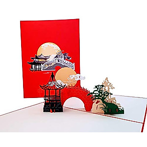 iGifts And Cards Inspirational Asian Pavilion Scenery 3D Pop Up Greeting Card Full Moon, Romantic Bridge, Lanterns, Pine Tree, Half-Fold, All Occasion, Birthday, Mid-Autumn Festival, Chinese New Year
