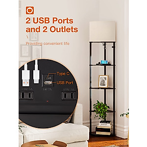addlon 4-Tier Corner Shelf Floor Lamp, Sector Floor Lamp with Type C, USB Port and 3CCT LED Bulb, Modern Display Floor Lamp for Bedroom, Living Room, Office - Black