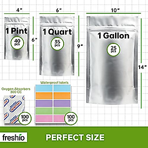 Freshio 10 Mil Extra thick Resealable Mylar Bags for Food Storage - Pack of 100 Mylar bags with oxygen absorbers 300 cc & Labels - 1 Gallon (25 pcs) - 1 Quart (35 pcs) - 1 Pint (40 pcs).
