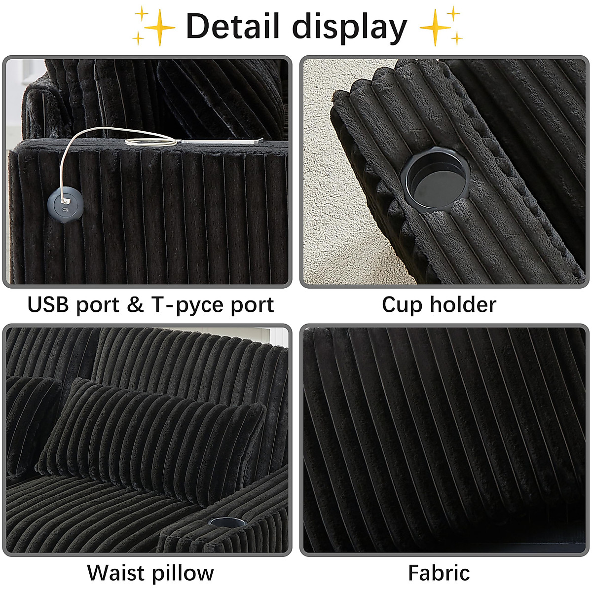 amervanito Corduroy Modular Sectional Couch with Chaise, Convertible L Shaped Sofa with Charging Port & Cup Holder, Oversized 4 Seat Modular Sofa for Living Room (Black)