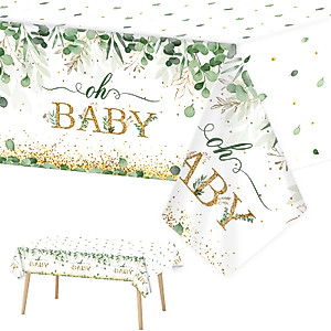 3 Pieces Sage Greenery Oh Baby Tablecloths for Baby Shower Party Decorations Plastic Disposable Gold Foil Eucalyptus Leaf Table Covers for Rectangle Tables Sage Boho Woodland Neutral Party Supplies