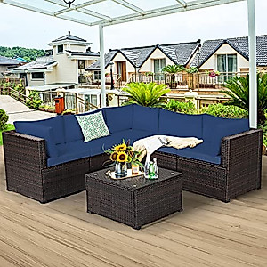 DORTALA 6PCS Rattan Patio Sectional Sofa Conversation Set, Outdoor Rattan Sofa Set w/Cushions, Multiple Combinations Conversation Set for Porch Garden Poolside Balcony, Navy