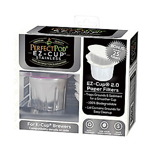 EZ-Cup Stainless Steel Reusable K Cup Coffee Pod for Keurig + 25 Disposable Paper Filters - Refillable Capsule Compatible with Keurig 1.0 2.0 K-Slim K-Mini Plus K-Duo K-Series & Other Select Models