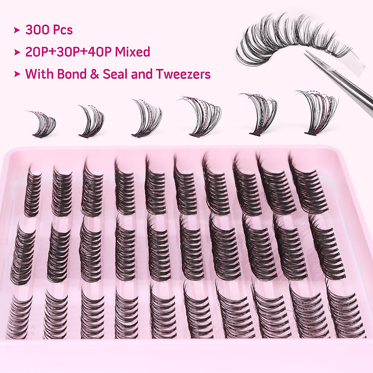 Eyelash Extensions Kit 300 Pcs Lash Clusters Individual Lashes with Strong Hold Lash Bond and Seal and Cluster Eyelashes Applicator Tool (20D/30D/40D)