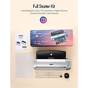 Laminator Machine, SINOPUREN 13-inch Thermal Laminator, with Paper Trimmer, Corner Rounder, 10 Pouches Sheets, Quick Warm-Up, Cold and Hot Laminating for Home/School/Office