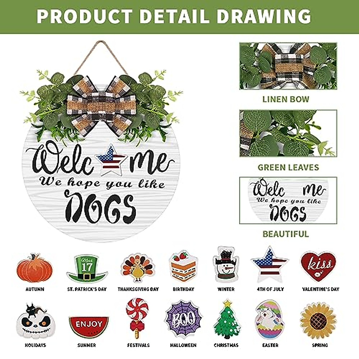 Interchangeable Wooden Seasonal Welcome Sign, Rustic Round Dogs Sign Front Door Wreaths for Home/Wall/Porch/Farmhouse Decor, for Easter Spring Summer Fall Halloween Christmas All Season Decorations