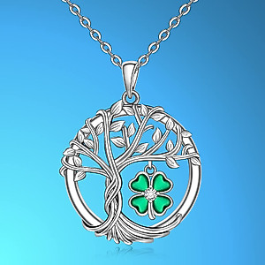 St Patricks Day Shamrock Necklace for Women Sterling Silver Tree of Life Necklace 4 Leaf Clover Pendant Good Lucky Irish Shamrock Green Clover Jewelry Holiday Gifts