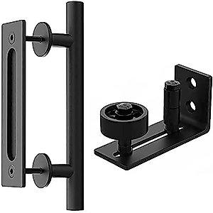 WINSOON 12" Sliding Barn Door Handles Black Hardware with Flush Finger Pull and Floor Guide Wall Mounted 8 Setup Options