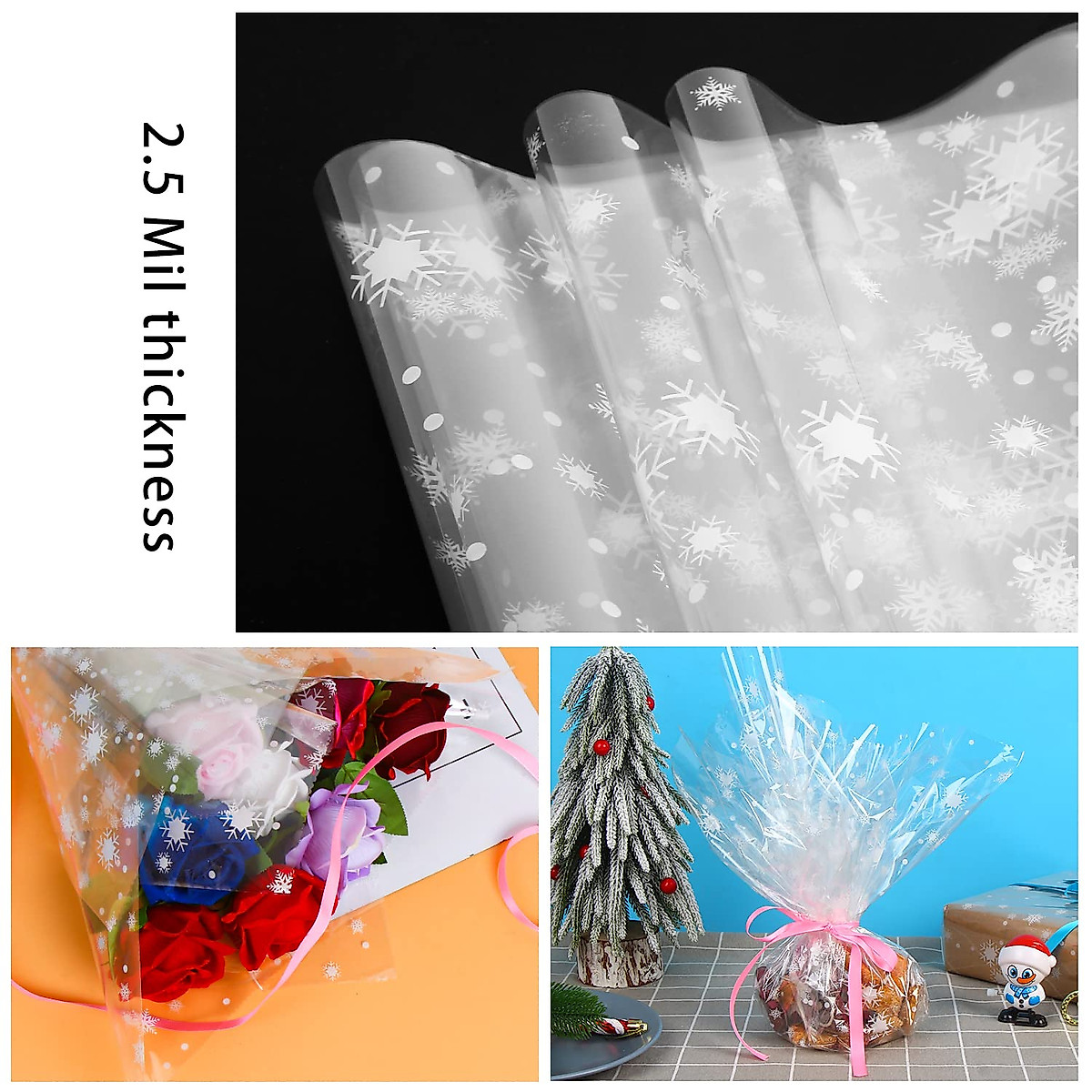 SULOLI Christmas Cellophane Wrap Roll - 32 In x 99 Ft Snowflakes Christmas Wrapping for Gifts Flowers Hampers Baskets