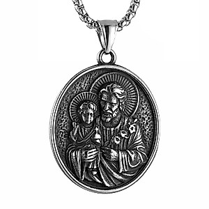 HZMAN Double Sided Stainless Steel St Joseph Necklace for Men Women Religious Saint Joseph Cross Christian Medal Amulet Pendant Jewelry Gift