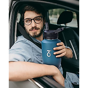 Trebo 40oz Water Bottle Insulated with Lid and Straw,Double Wall Vacuum Stainless Steel Metal Tumbler Flask Fit in Any Car Cup Holder with Paracord Handle,Leakproof Keep Drink Cold & Hot,Indigo/Black