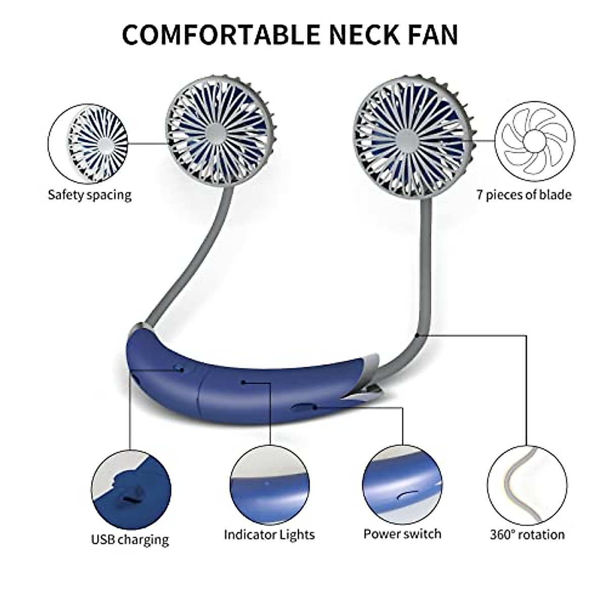 HUIQIMEI Portable Neck Fan Rechargeable Cooling Neck Fan Detachable Electric Personal Fans Independent Switch Control Long Battery Life for Travel Office Household Outdoor Sports (Blue)