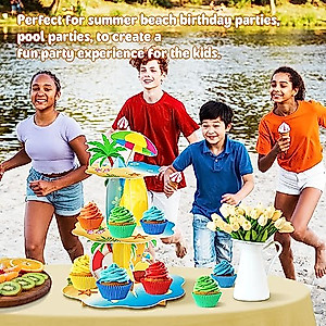 Summer Beach Party Cupcake Stand Decorations 3 Tier Pool Theme Cake Holder Luau Hawaiian Party Dessert Stand Tower for Kids Office Classroom Beach Birthday Party Baby Shower Wedding Party Supplies