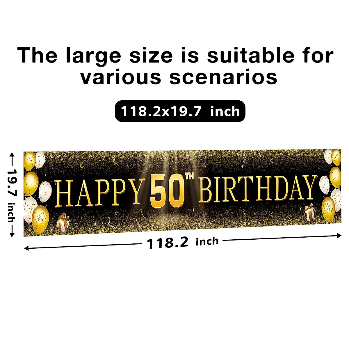 TZSS Black & Gold 50th Birthday Banner Decorations - Extra Large 118"x20" Reusable Yard Sign for Women & Men, Over The Hill Party Decor Indoor Outdoor, 50 and Fabulous Happy 50th