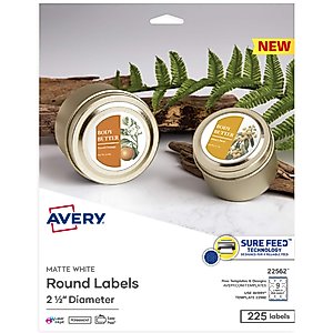 Avery Printable Blank Round Labels, 2.5" Diameter, Matte White, 225 Customizable Labels (22562)
