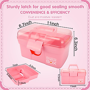 TERGOO 11in Mutipurpose Storage Box Organizer with Removable Tray, Portable Small Craft Box with Handle, Plastic Clear Tool Box Art Case for Makeup, Sewing, Nail, Hair Accessories (Pink)
