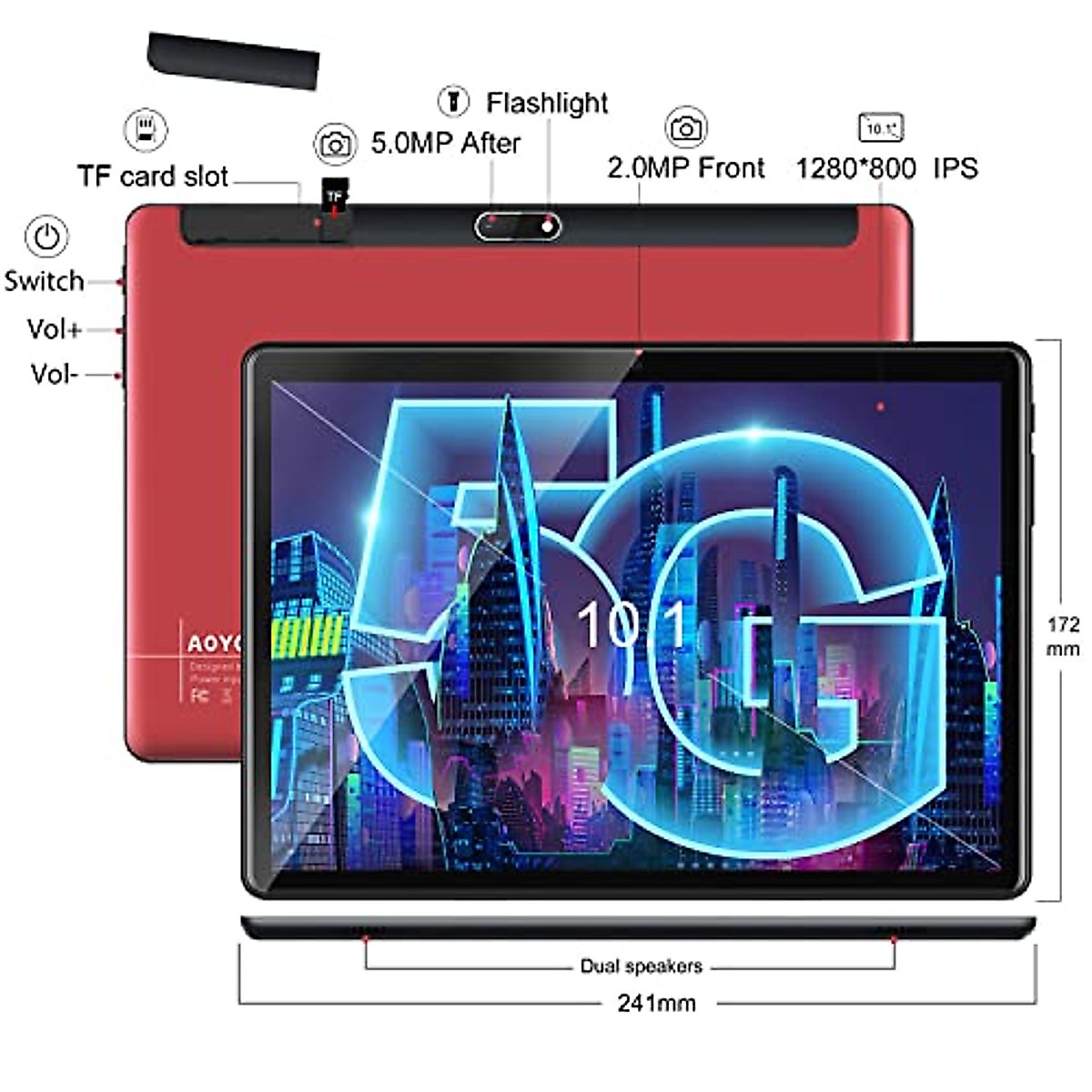 DUODUOGO Tablet with Keyboard, 2 in 1 Tablet 10 inch Android 11 Tablet, Quad-Core Processor, 64GB+4GB, 128GB Expandable, 2.4+5G WiFi, Dual Camera, 6000mAh, Bluetooth, FM (Red)