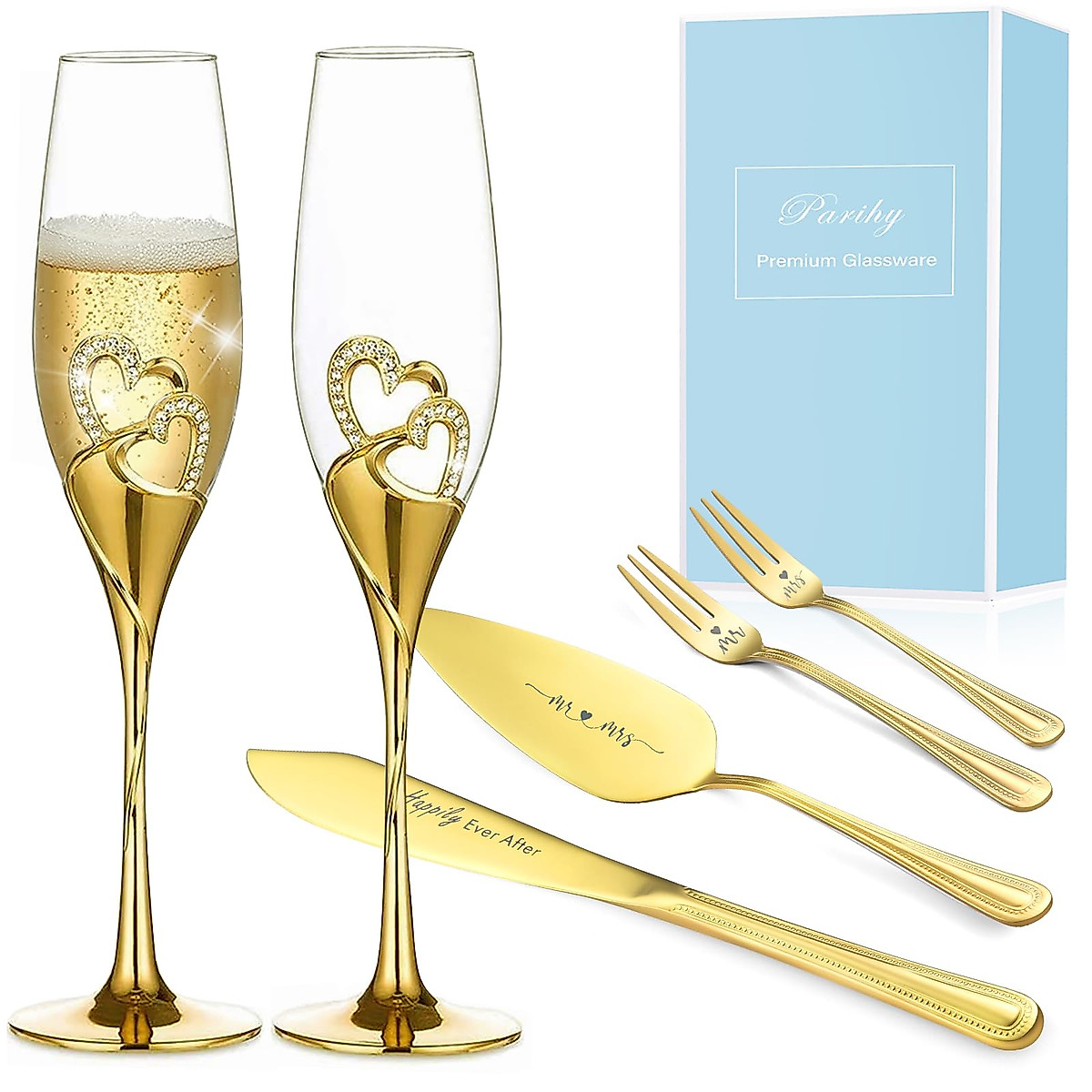 Parihy Gold Wedding Cake Knife and Server Set, Wedding Champagne Flutes, Wedding Engagement Gifts Toasting Glasses for Couple Bride and Groom, Cake Cutting Set of 4 for Wedding