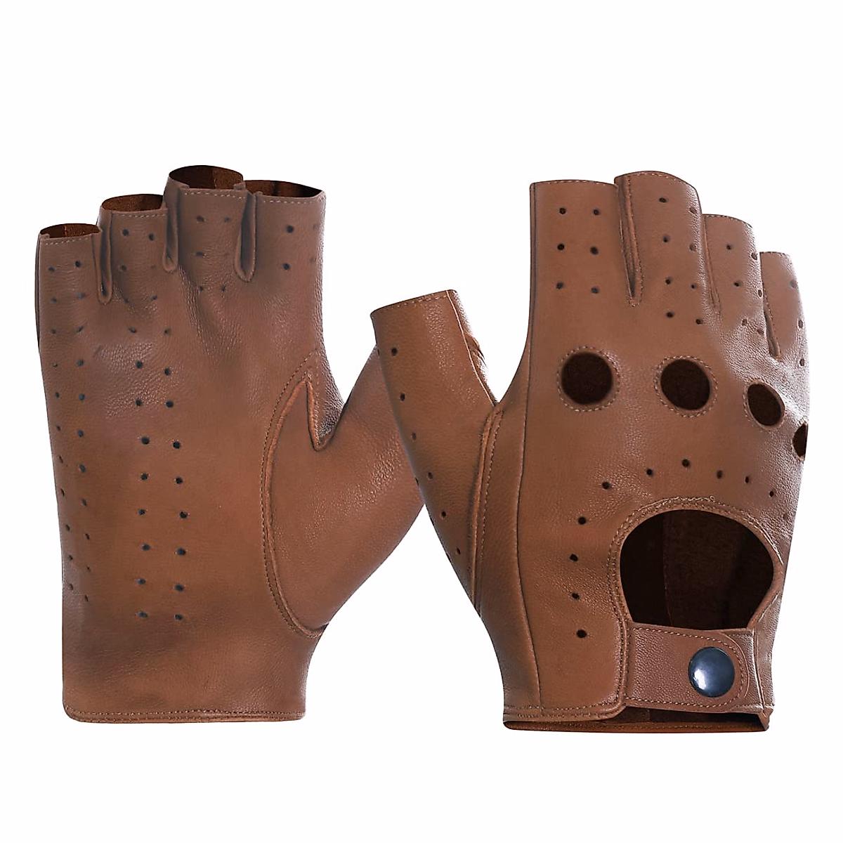 Harssidanzar Mens Fingerless Half Finger Leather Driving Gloves Lambskin Unlined Upgrade GM032US,Saddle,Size L