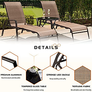 Flamaker Adjustable Patio Chaise Lounge Set 3 Pieces Textiline Outdoor Foldable Metal Reclining Chairs with Sturdy Glass Top Bistro Table for Beach, Poolside, Backyard, Porch (Beige)