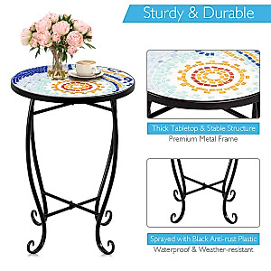RELAX4LIFE Side Table Outdoor Mosaic Round 14 Inch W/Glass Table Top and Steel Fram for Patio, Lawn, Garden, Balcony and Home, Small End Table (Navy)