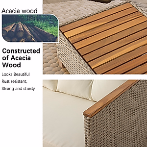 WiberWi Patio Furniture Set 3 Piece Outdoor Sectional Sofa Couch All Weather Rattan Wicker Conversation Set with Acacia Wood Coffee Table for Backyard Porch Garden Balcony, Waterproof, Beige