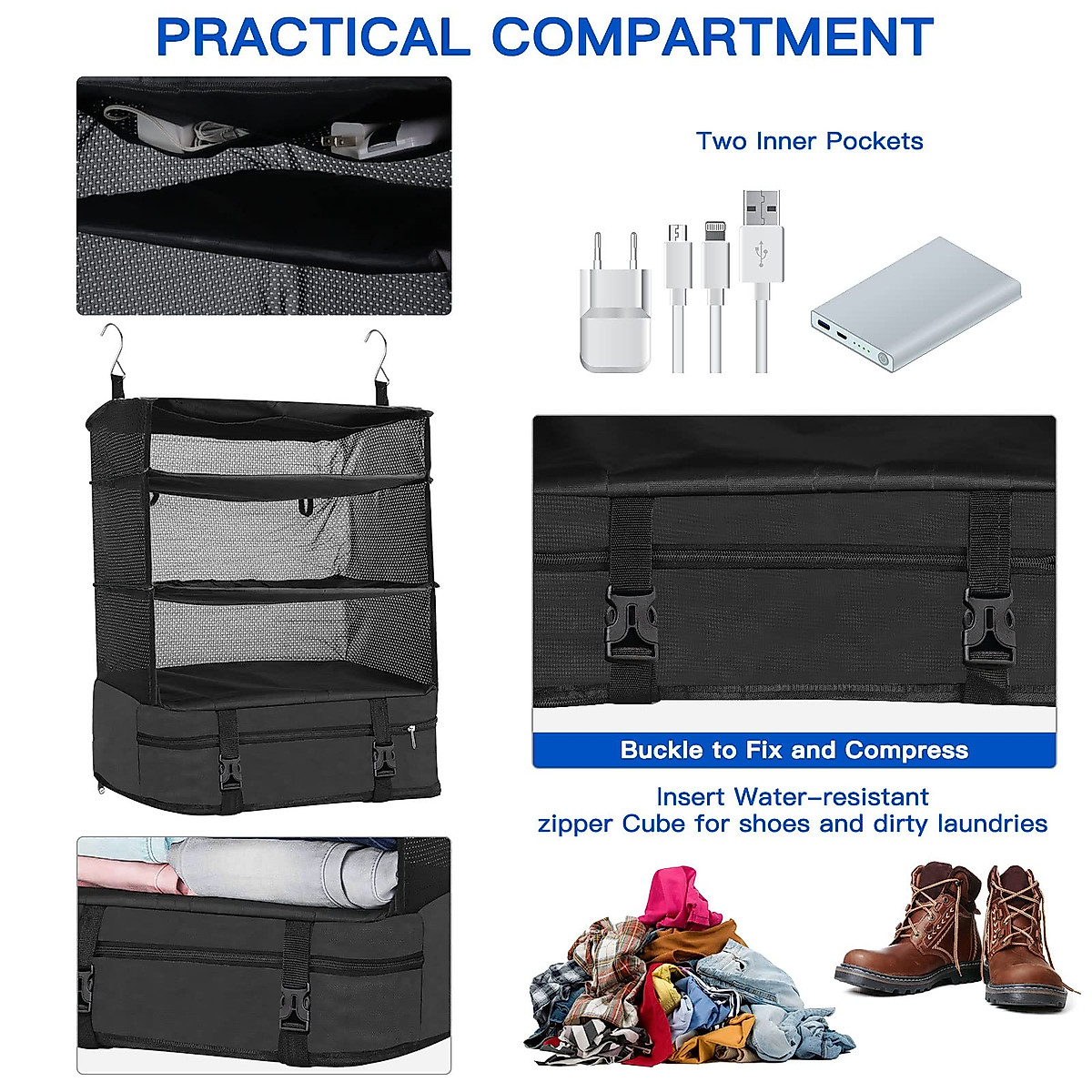 Aomiduo Portable Hanging Travel Shelves with Toiletry Bag Set, OUMEDUO Premium Durable Oxford Packing Cubes for Suitcases Hanging Carry on Closet Luggage Organizers for Travel