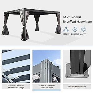 Domi Outdoor Living 12’ x 16’ Louvered Pergola with Adjustable Rainproof Roof, Outdoor Aluminum Frame Hardtop Gazebo for Backyard, Garden and Lawn w/Netting (Dark Gray)