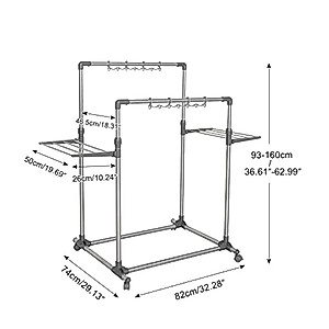 Hershii Rolling Garment Racks for Hanging Clothes Heavy Duty Clothing Drying Rack Double Rails Laundry Hanger Storage Organizer with Foldable Shelves & Windproof Hooks - Height Adjustable