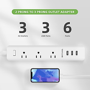 2 Prong to 3 Prong Power Strip, Two Prong Surge Protector with 6FT Long Cord, 3 AC Outlets 2 Prong to 3 Prong Extension Cord with 3 USB Ports(5V 3.1A) for Non-Grounded Outlets for Home/Office, White