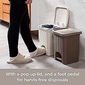 Rattan Style Plastic Garbage Can - Touchless Trash Can with Foot Pedal - Step On Trash Can with Lid - Double Barrel Trash Can for Bathroom - Kitchen Trash Can - Pop Up Trash Bin - 7.8"x12.4" - Beige