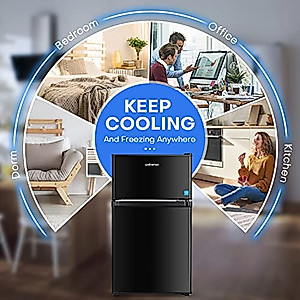 Upstreman 3.2 Cu.Ft Mini Fridge with Freezer, Double Door Mini Fridge, Adjustable Thermostat, Mini Refrigerator for Dorm, Office, Bedroom, Black