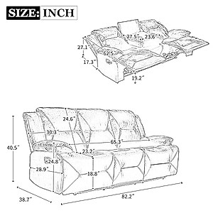 3-Seater Manual Wall Hugger Chair Oversized RV Sofa Loveseat Sofá PU Leather Upholstered Double Reclining Lounge Sectional Couch with LED Light Strip,Drop-down Table and Cup Holders for Living Room