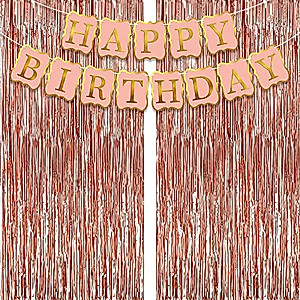 Huge, Rose Gold Backdrop for Birthday - Pack of 3 | Rose Gold Fringe Curtain with Peach Happy Birthday Banner | Rose Gold Streamers | Rose Gold Happy Birthday Banner | Rose Gold Birthday Decorations