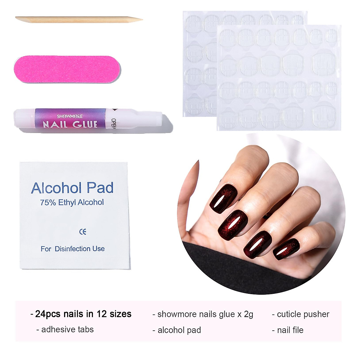 Burgundy Press On Nails Short, SHOWMORE Wine Red Glitter Cat Eyes Acrylic Fake Nails Medium Square Glue On Nails False Nails with Design Stick On Nails in 12 Sizes 24 Nail Kit with Glue (Handmade)