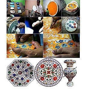 Pietra Dura White Marble Round 27" x 27" Inch Dining Table Top, Stone Coffee Table Top, Marble Centre Table Top Natural Indian Makrana White Marble Table Top, Piece Of Conversation