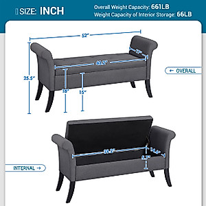 Yaheetech Fabric Modern Tufted Large Storage Bench with Rolled Arms Cushioned Storage Bench Entryway Bench Functional Storage Bench Footstool Foot Rest for Living Room Bedroom Window Side Dark Gray