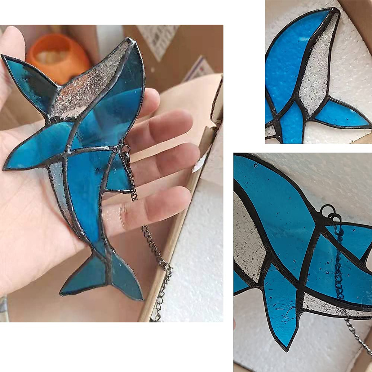 Mollytek Stained Glass Window Hangings Flying Dolphin Shaped Stained Glass Suncatcher Panel for Window Wall Patio Car Garden Haning Ornament with Chain,Home Decor Gifts for Mom, Dolphin Lovers
