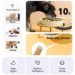 VEEKI Ceramic Slow Feeder Dog Bowls, Elevated Dog Food Bowls with Wood Stand, Dog Dishes to Slow Down Eating for Chokcing Bloating(Beige, 10.2in)