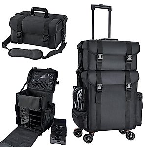 Costravio Professional Makeup Case, 2in1 Travel Makeup Rolling Case Soft Sided Cosmetology Train Case with Wheels Makeup Artist Cosmetic Organize for Make-up, Nail Art, Beauty, Hairstylist, Black