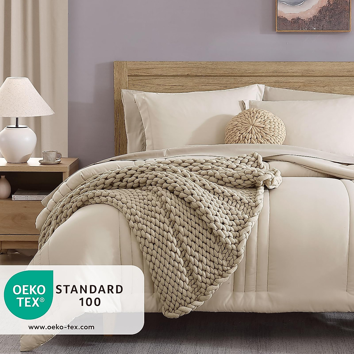 Monbix Queen Comforter Set - 7 Pieces Apricot Beige Bed in a Bag Queen Bedding Sets with Comforters, All Seasons Down Alternative Comforter Bed Set with Sheets,Pillowcases & Shams