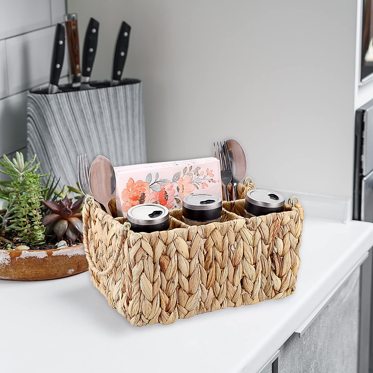 Sumnacon Water Hyacinth Utensil Holder,Farmhouse Flatware Silverware Organizer Countertop for Spoon Fork Knife,Rustic Utensil Caddy for Kitchen,Picnic,Party,Countertop