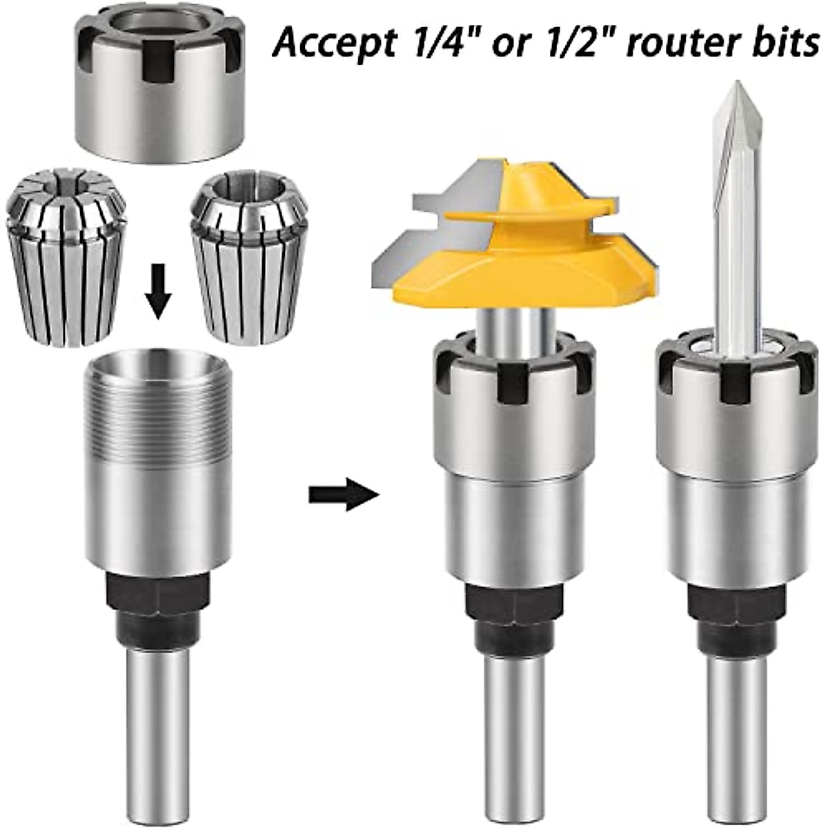 1/2 Inch Shank Router Bit Collet Extension Chuck Converter Adapter, Convert 1/2-Inch & 1/4-Inch Shank Bits with ER20 Spring Collet, ER20 M Type Collet Chuck Wrench Spanner -(Pack of 4)