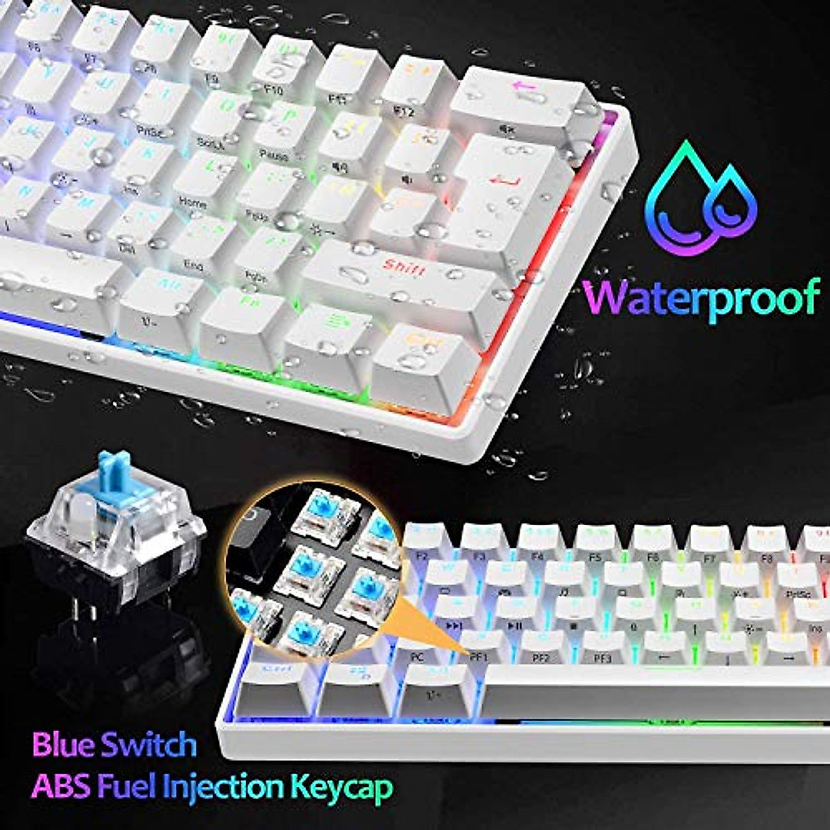 ZIYOU LANG MK21 Portable 60% Mechanical Gaming Keyboard Untra-Compact Type-c Wired with Light Up Chroma LED Backlit Non-Conflict 61 Key TKL Ergonomic for PS4 PS5 PC Mac Windows(White/Blue Switch)